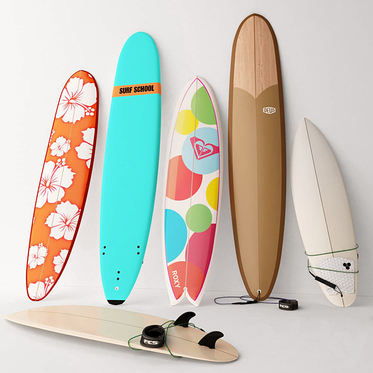 Modern surfboards. Shortboard, longboard, malibu, fish, softboard ...