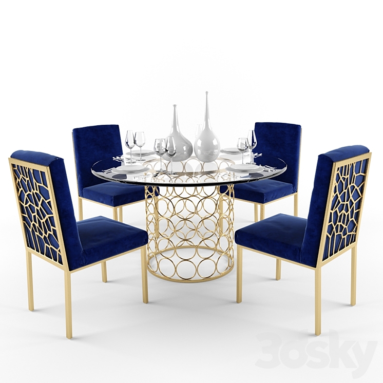 Meridian Opal Dining Room Set in Gold & Navy - Table + Chair - 3D model