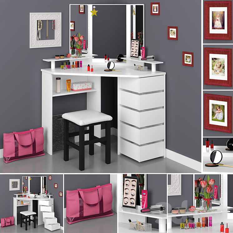Parisot beauty bar corner dressing table - Table + Chair - 3D model