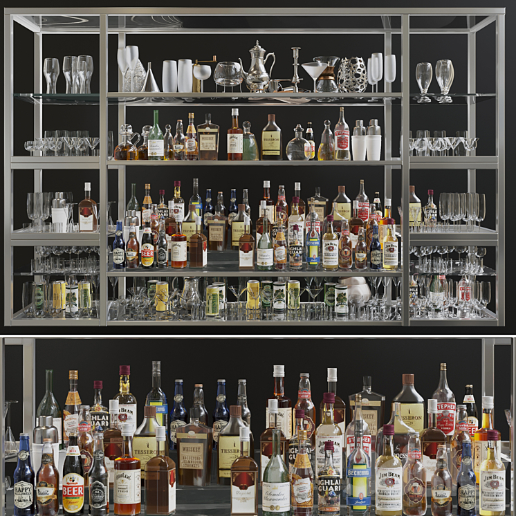 Large bar showcase with strong alcohol. The pub - Restaurant - 3D model