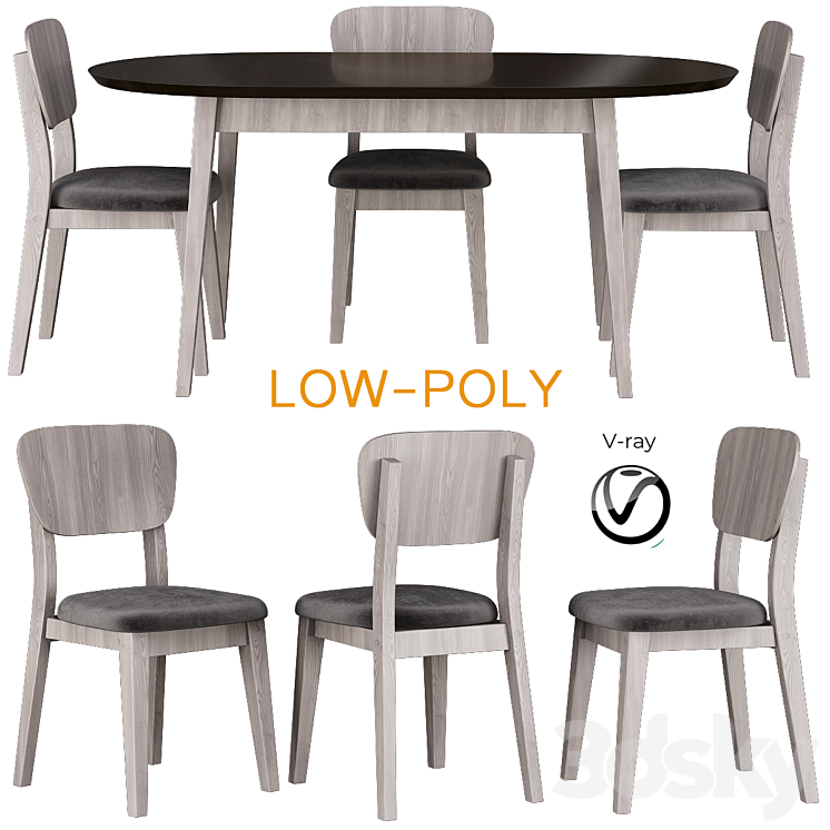 Wood Dining Set 1530 (low poly) - Table + Chair - 3D model