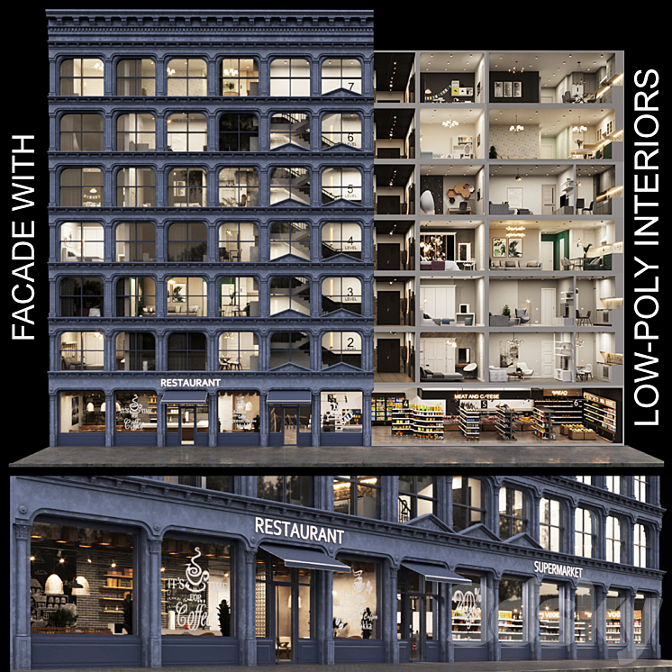 Facade with 20 residential and public low-poly interiors - Building ...