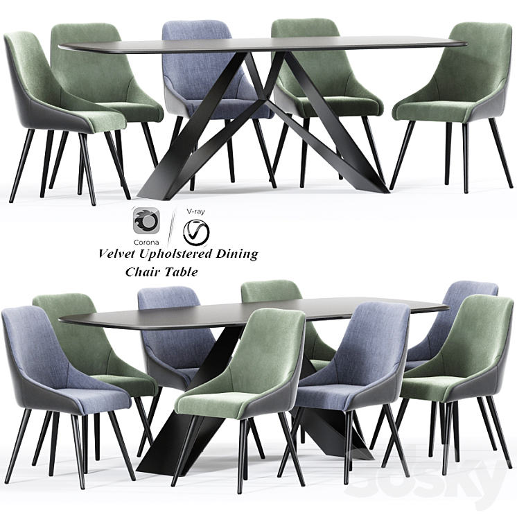 Velvet Upholstered Dining Chair Table - Table + Chair - 3D model