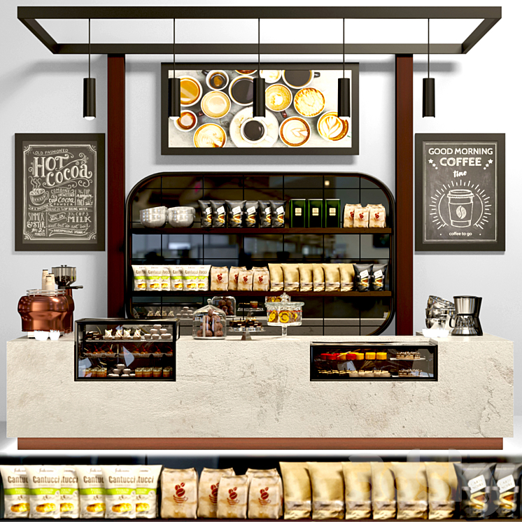 Design project of a cafe with a showcase with sweets and dessert in a ...