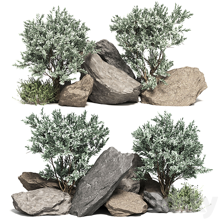 Stone + Bush Pack 2 - Environment elements - 3D model