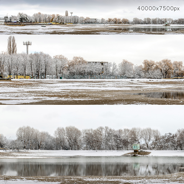 Panorama of the park with a lake and snow-covered trees. 40k - Panorama ...