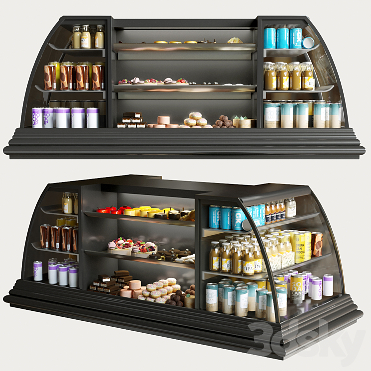 Showcase in a supermarket with desserts and sweets. Juices - Shop - 3D ...