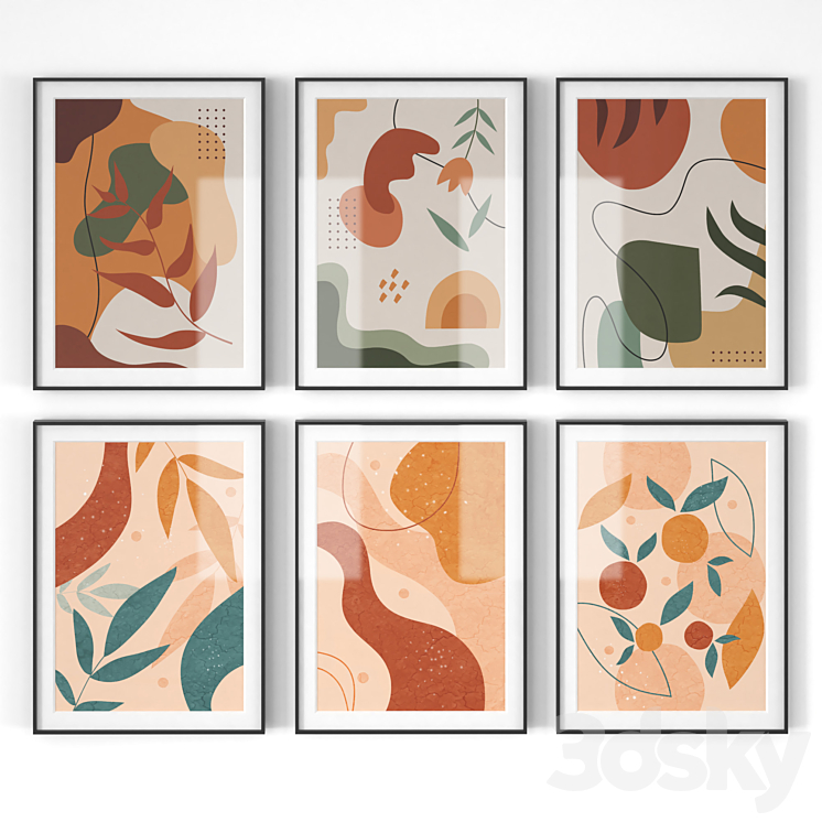 Abstract Plants and Organic Shapes Poster Set - Frame - 3D model
