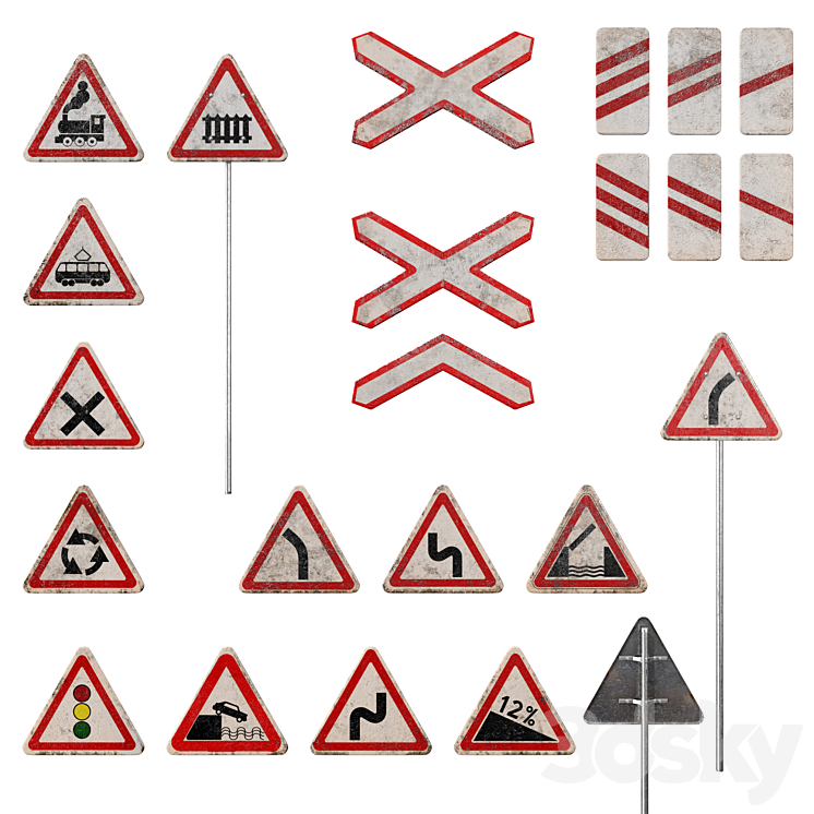 Warning Road Signs 1 - Urban environment - 3D model