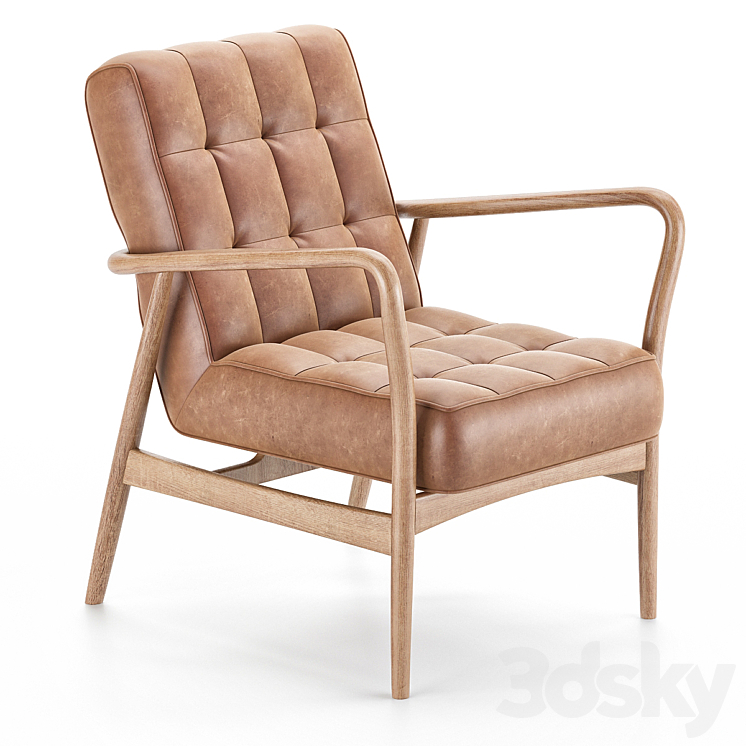 Mid-Century Button-and-Stud Brown Leather Armchair - Arm chair - 3D model