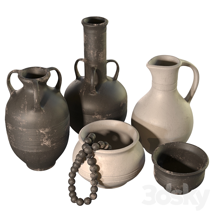 Artisan clay vessels set with ribbed pattern - Vase - 3D model