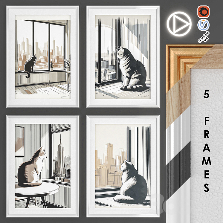 Set of paintings Cats looking out the window | 2K | PBR - Frame - 3D model