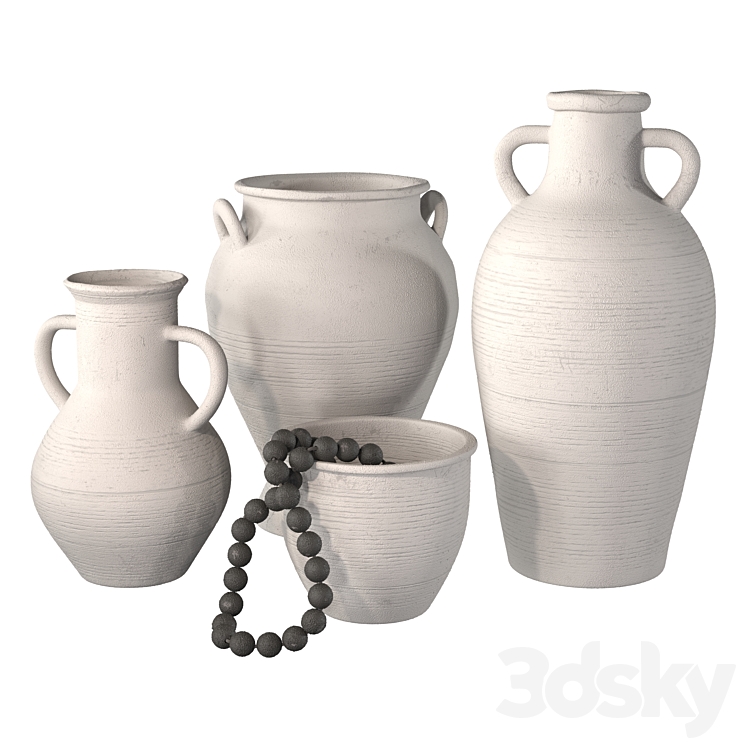Artisan rustic clay white vessels set with beads - Vase - 3D model