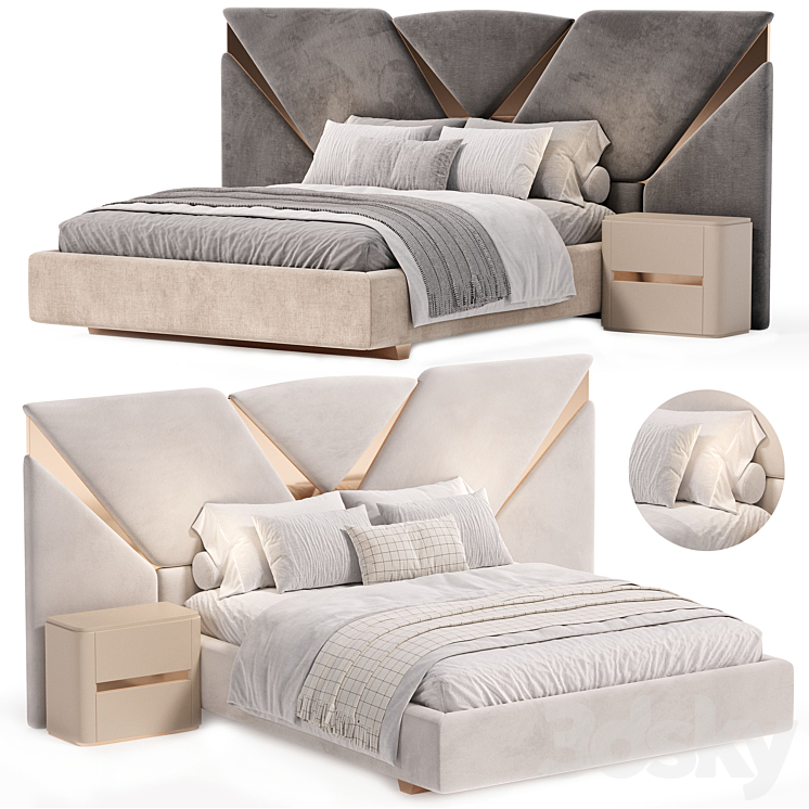 Velvet Sophia Luxury Bed with Golden Detailing - Bed - 3D model