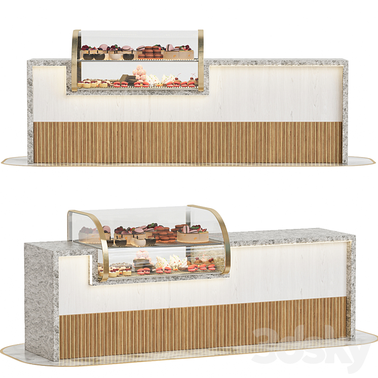 A display case in a cafe or restaurant with desserts and sweets ...