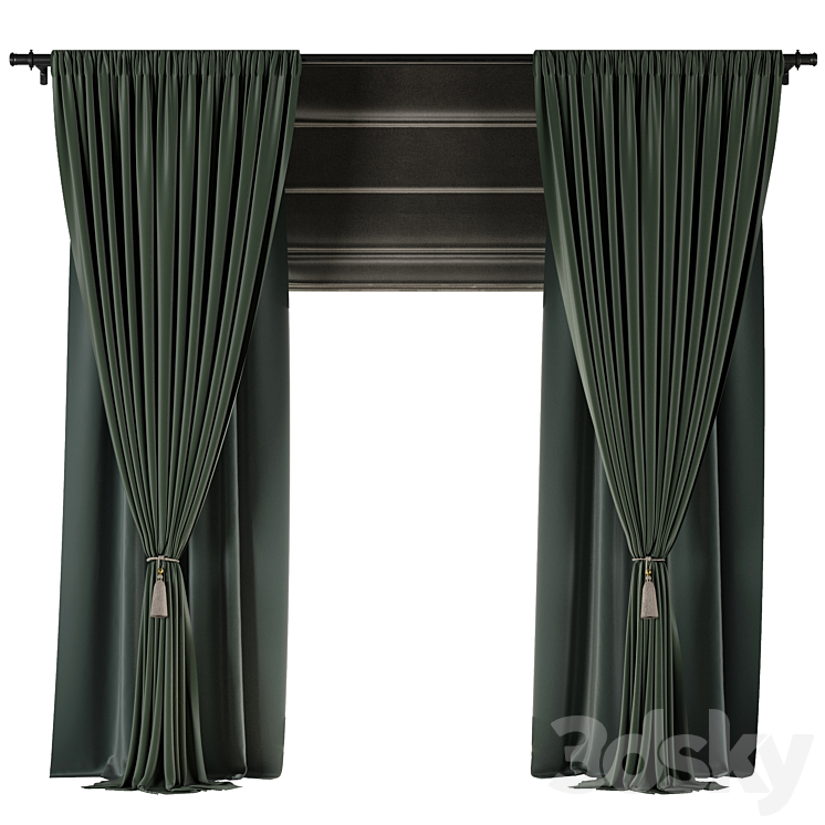 Green Curtains with Roman blinds collections 017 HBH - Curtain - 3D model