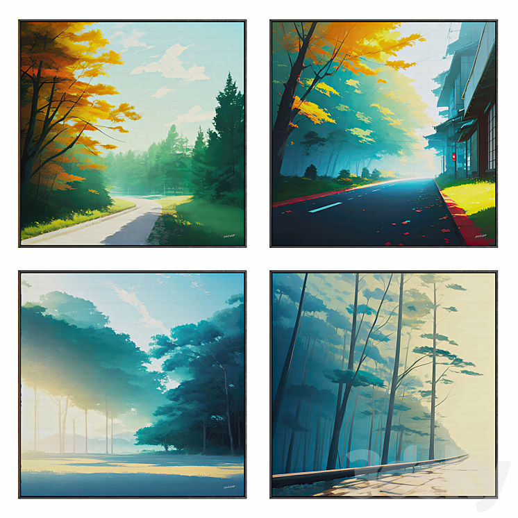 4 in 1 Paintings Serene Japan | 6 Frames | 4K | PBR - Frame - 3D model