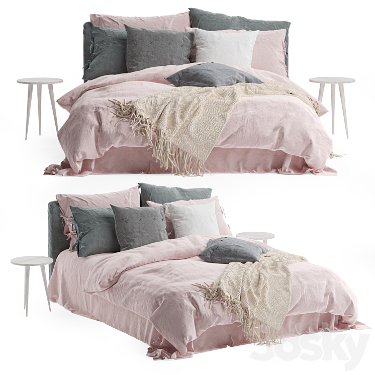 Vintage Rose Linen Bedding Set - Bed - 3D model