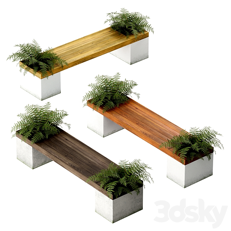 Street Modern Benches with fern - Urban environment - 3D model