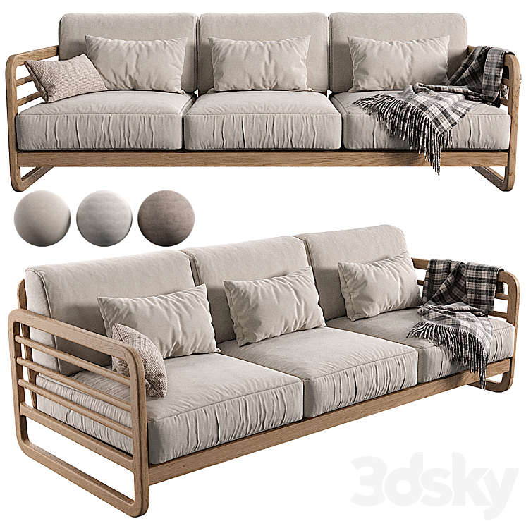 Oak Solid Wood Modern Fabric Sofa - Sofa - 3D model