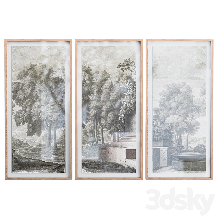 Etched Garden Triptych Framed Print - Frame - 3D model