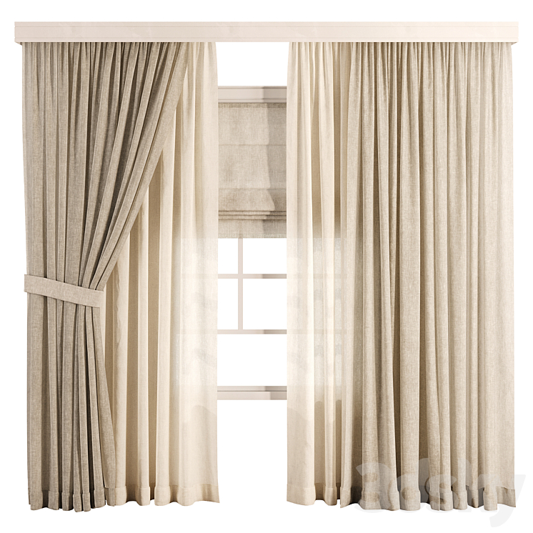 Triple Layer Natural Linen Curtain Set - Curtain - 3D model