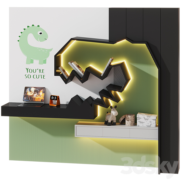 Dinosaur Kids Desk with LED Bookshelf 001 - Miscellaneous - 3D model
