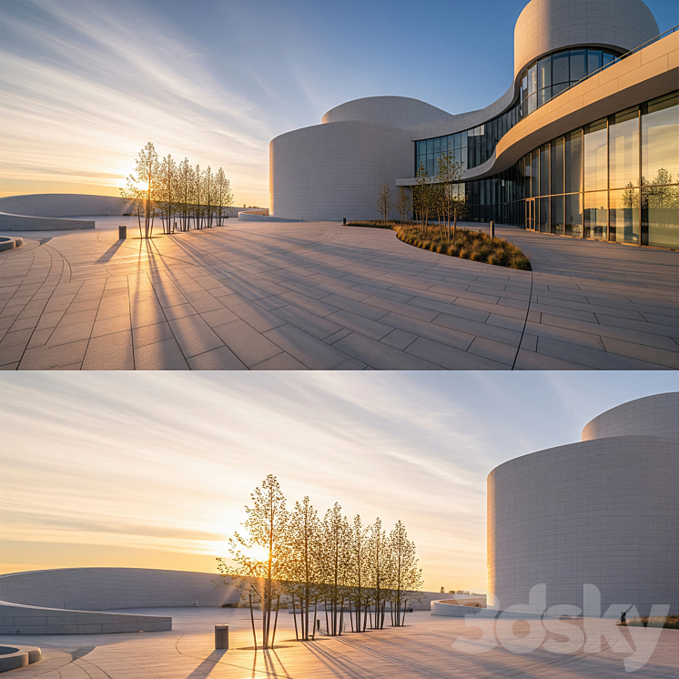 Modern Curved Architecture Panorama at Golden Hour - Panorama - 3D model
