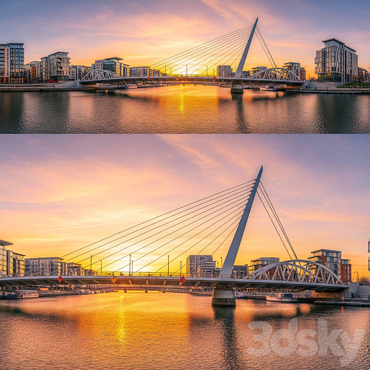 Panoramic City Bridge at Sunset - Panorama - 3D model