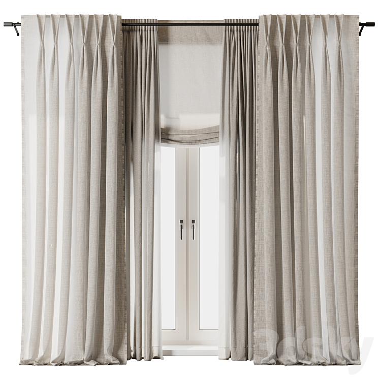 Linen Roman Curtain with Rod Curtains 122 HBH corona - Curtain - 3D model