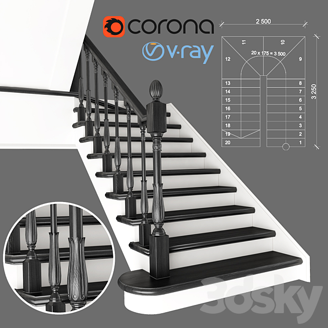 Two-staircase ladder with staggered steps 2 version 3D Max - 3DMAXTER