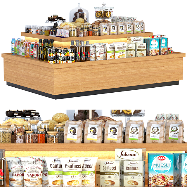 Display stand in a supermarket with products. Juices and cereals 3D Max ...