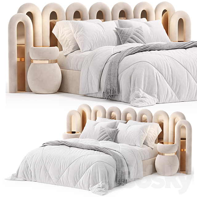 Contemporary Upholstered Headboard Bed Pink Velvet & Gold Polished Details 3D Max - 3DMAXTER